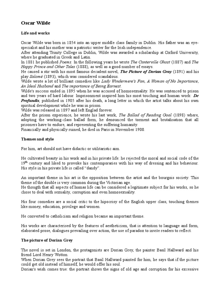 Oscar Wilde - Life, Theme, Style - Dorian Grey | PDF | Oscar Wilde ...