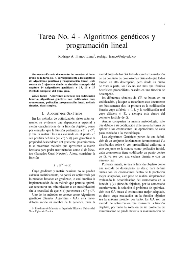 Implementación de Algoritmos Genéticos y Programación Lineal | PDF | Algoritmo genético ...