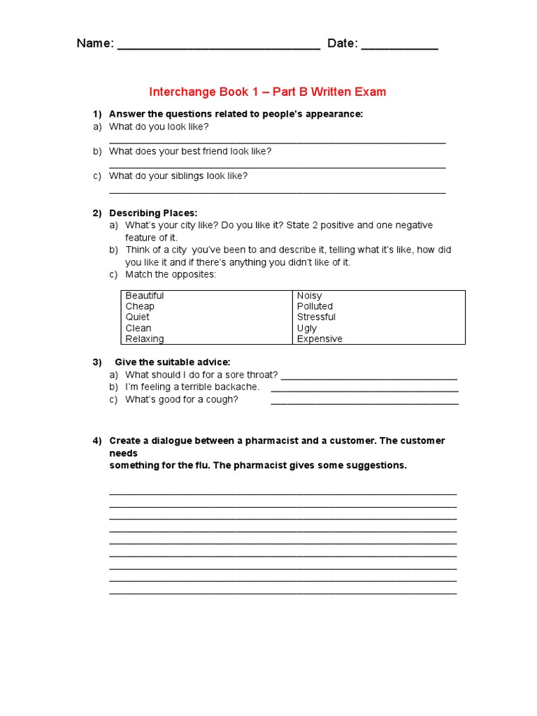 Interchange Book 1 Exam Part B | PDF