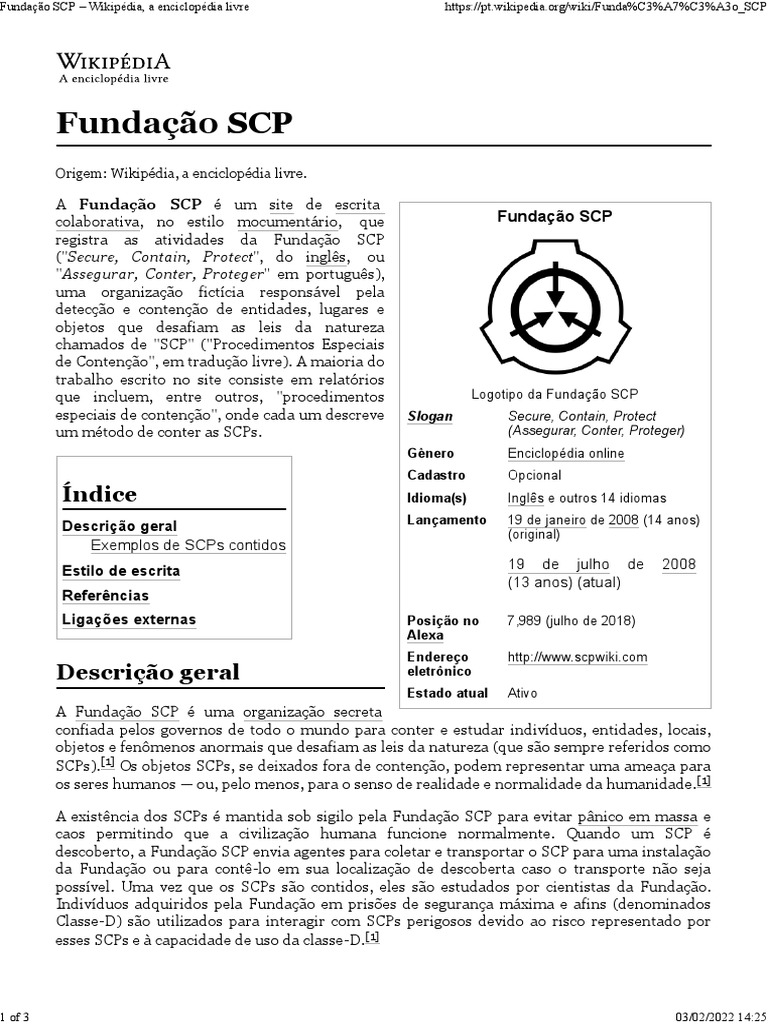Fundação SCP - Wikipédia, A Enciclopédia Livre | PDF