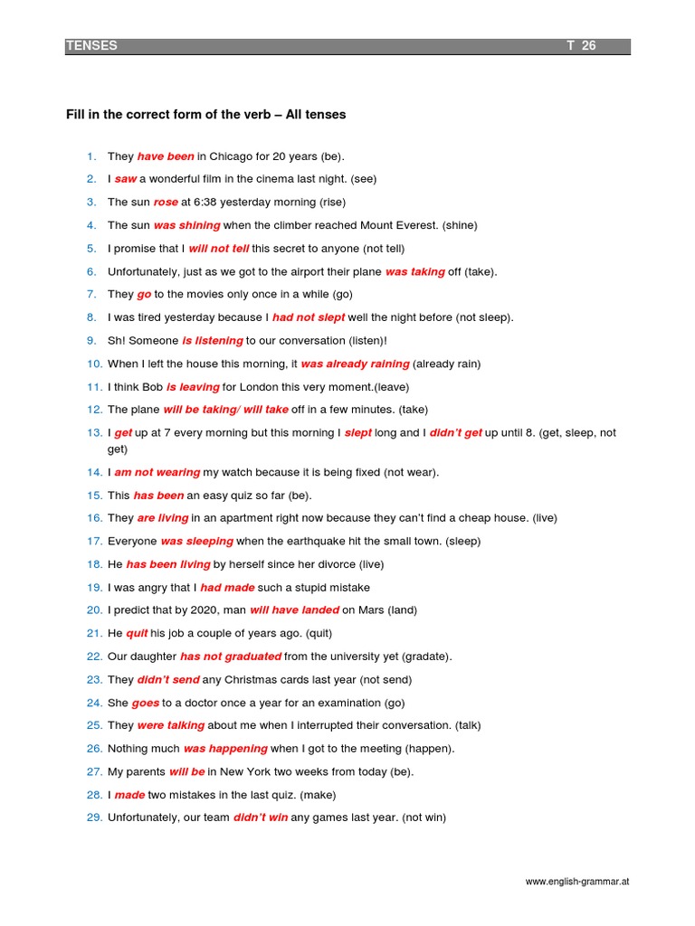 All Tenses - 01 - Elementary - Answers | PDF