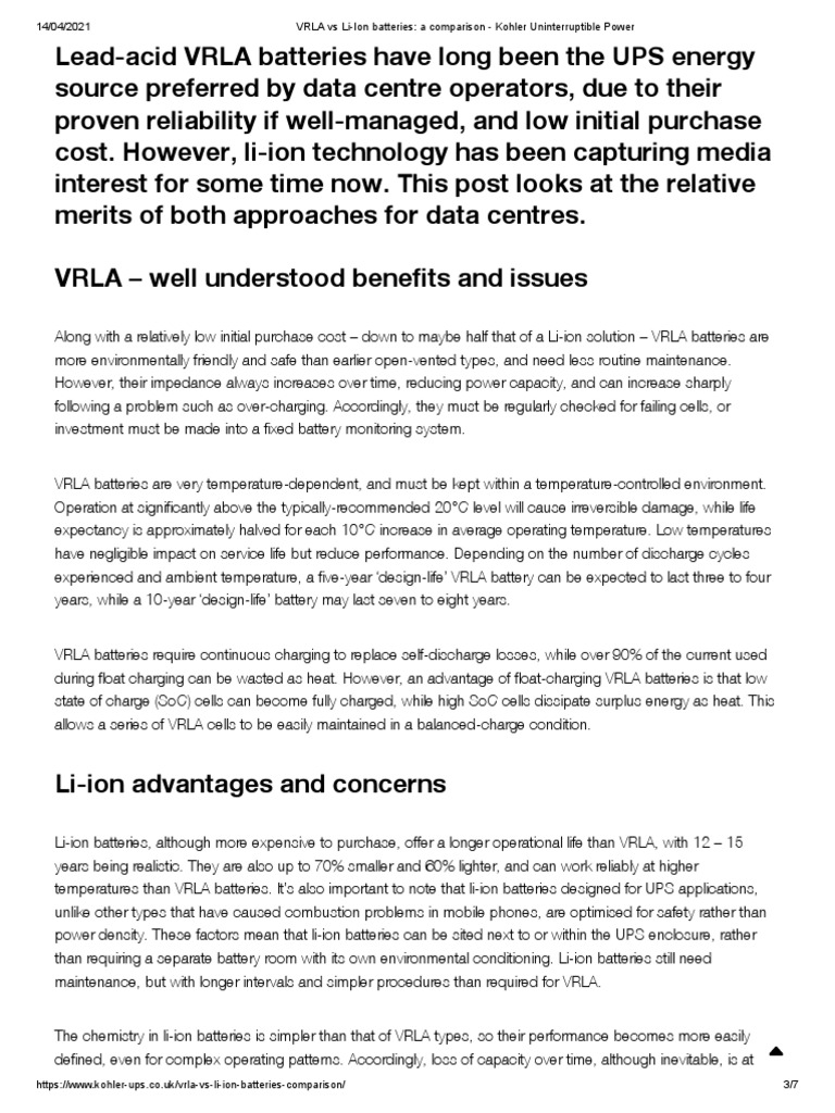 VRLA Vs Li-Ion Batteries - A Comparison - Kohler Uninterruptible Power | PDF | Lithium Ion ...