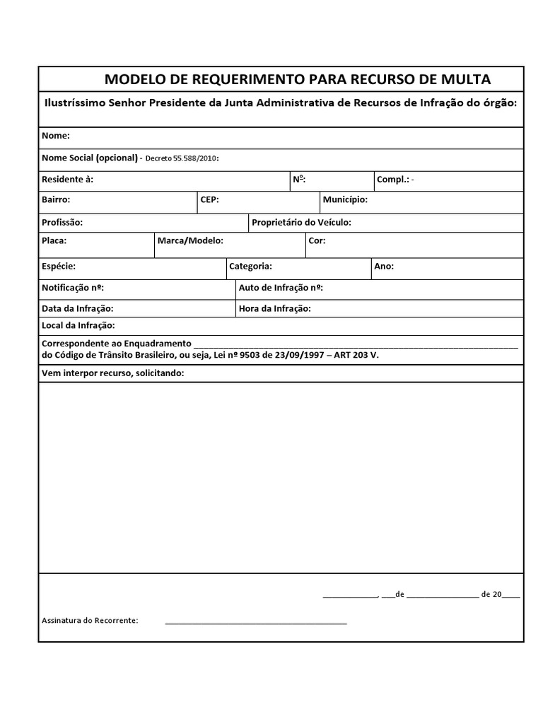 Modelo Requerimento para Recurso de Multa | PDF