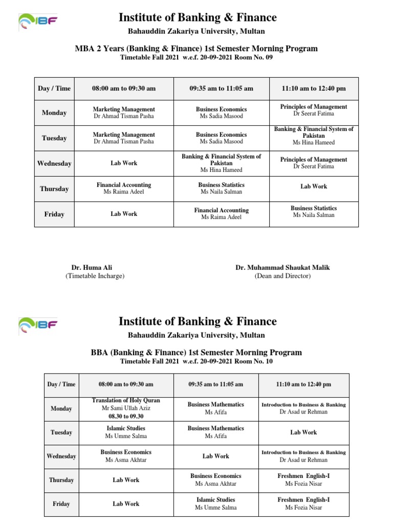 Banking & Finance Timetable Fall 2021 | PDF | Economies | Business