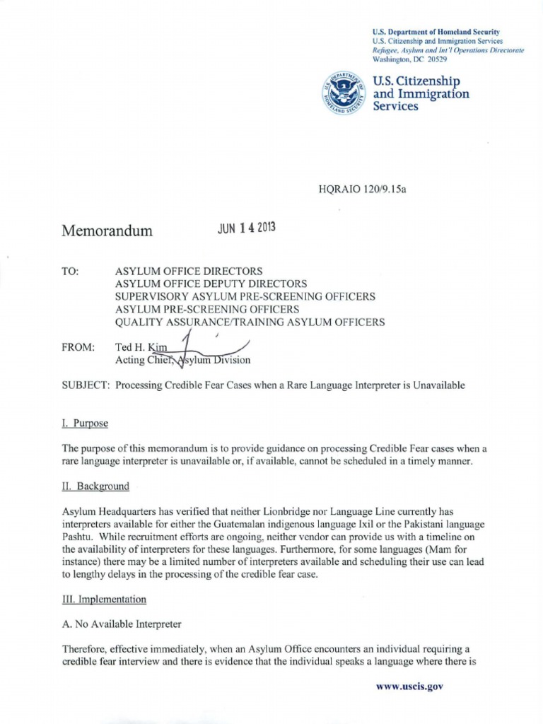 USCIS 2013 Rare Language Memo | PDF | Refugee | Language Interpretation
