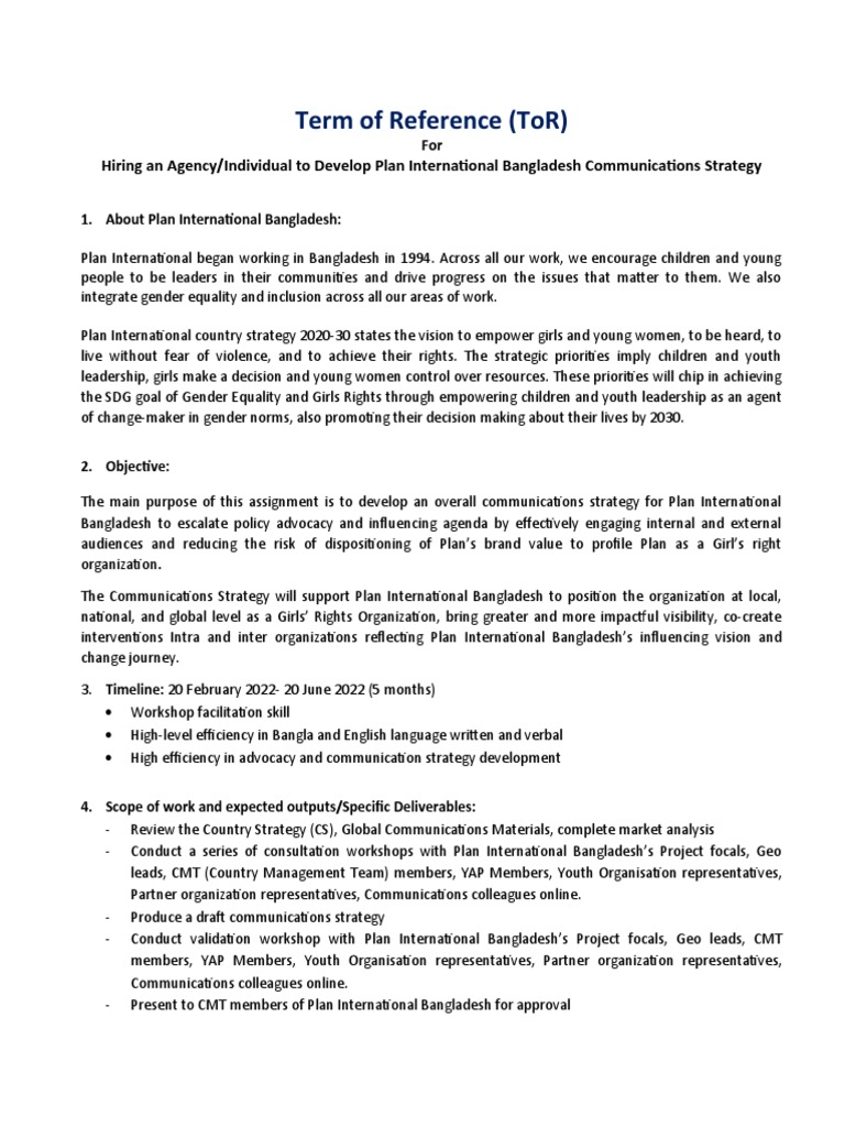 Term of Reference (Tor) : Hiring An Agency/Individual To Develop Plan ...