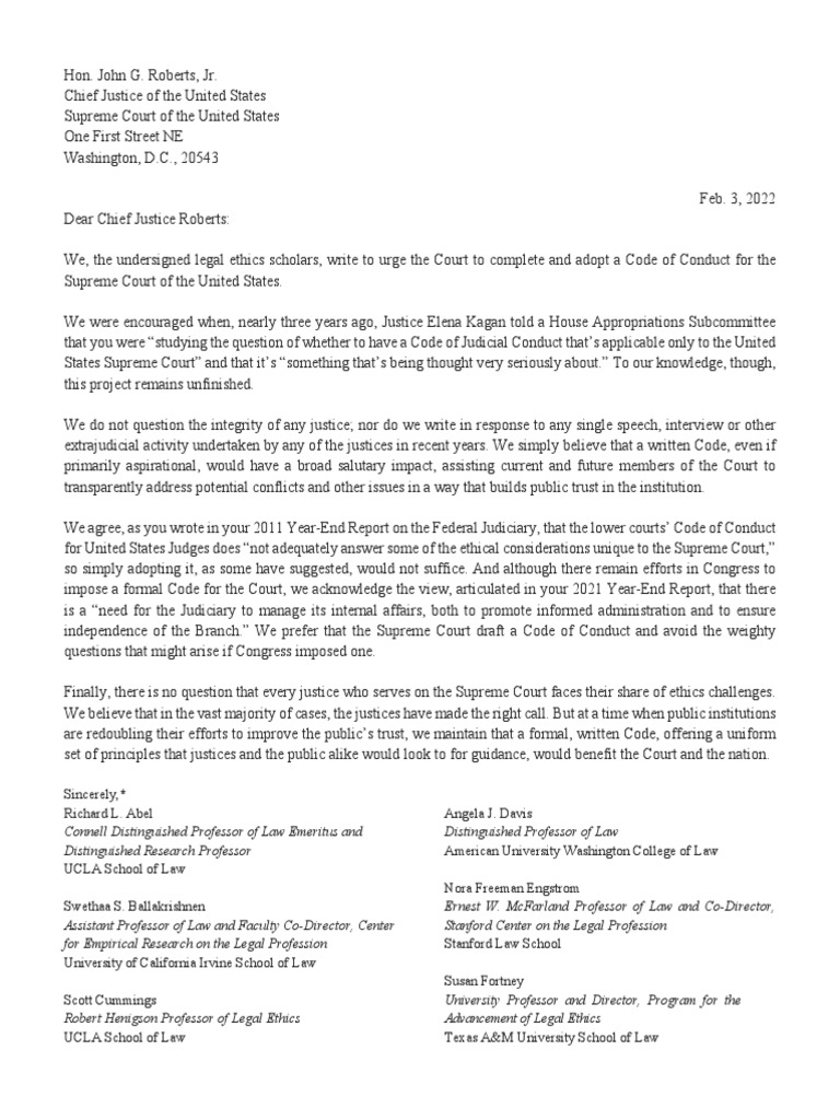 UPDATED: Legal Ethics Scholars' Letter To Chief Justice Roberts | PDF ...