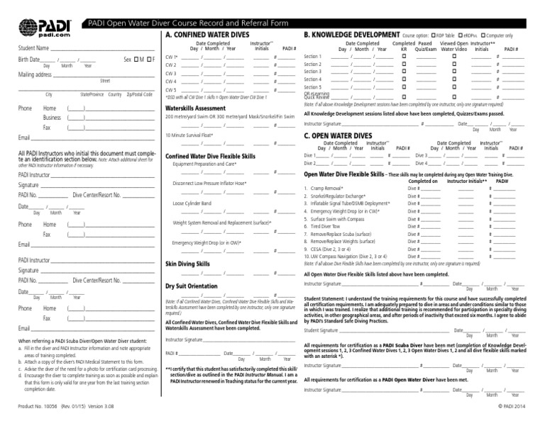 PADI Open Water Diver Course Record and Referral Form: A. Confined ...