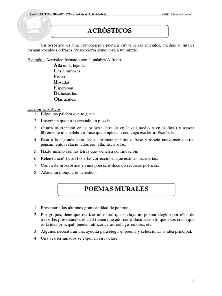 Acrósticos Poemas Murales | PDF | Poesía