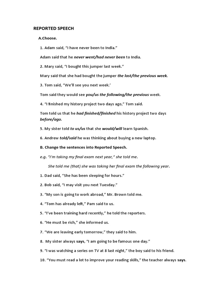 Reported Speech Practice Exercises | PDF | Language Arts & Discipline