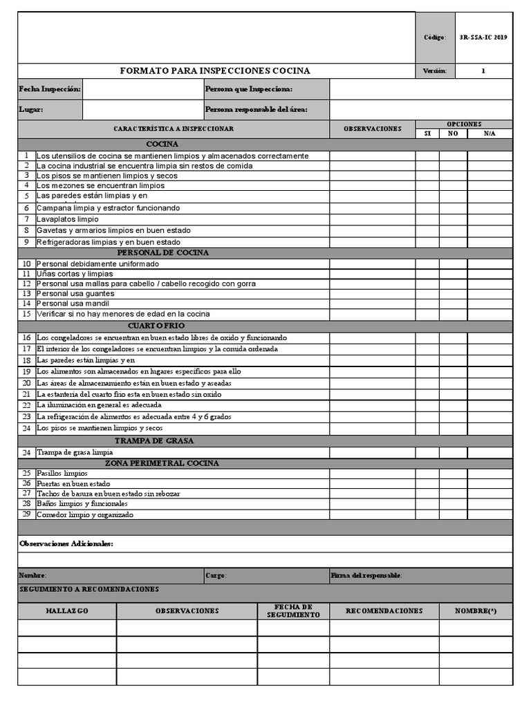 Formato Inspección de Cocinas | PDF | Cocina