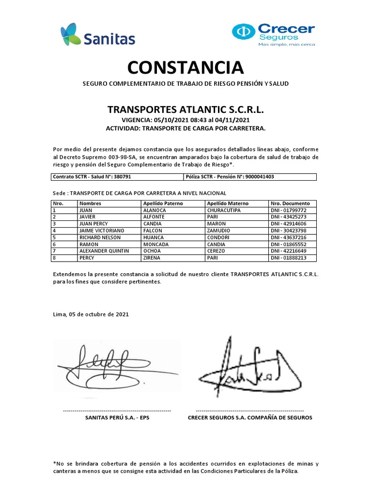 Modelo de Seguro SCTR | PDF