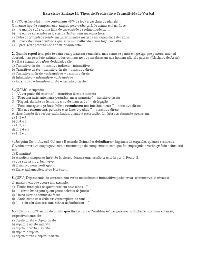 Exercícios Sintaxe II | PDF | Cães | Assunto (gramática)