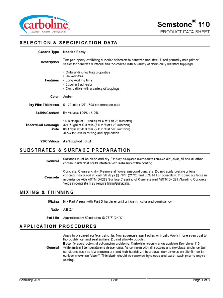 Ficha Tecnica Carboline Semstone - 110 - PDS | PDF | Epoxy | Concrete