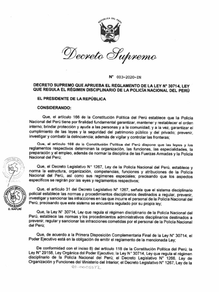 D.S. #003-2020-IN (Decreto Supremo Que Aprueba El Reglamento de La Ley #30714, Ley Que Regula El ...