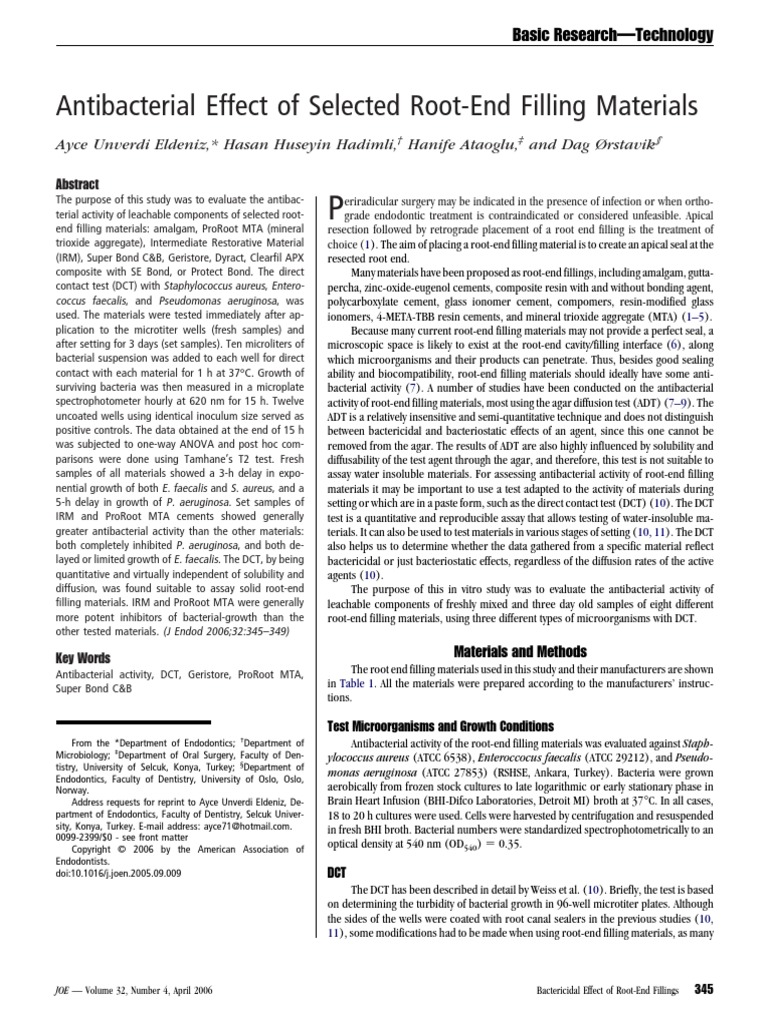 Antibacterial Effect of Selected Root-End Filling Materials | PDF | Bacteria | Materials