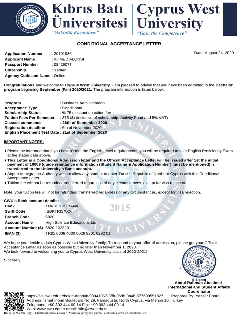 Conditional Acceptance Letter Imzali | PDF | Fee