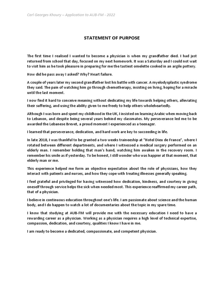 Statement of Purpose | PDF | Health Care | Medicine