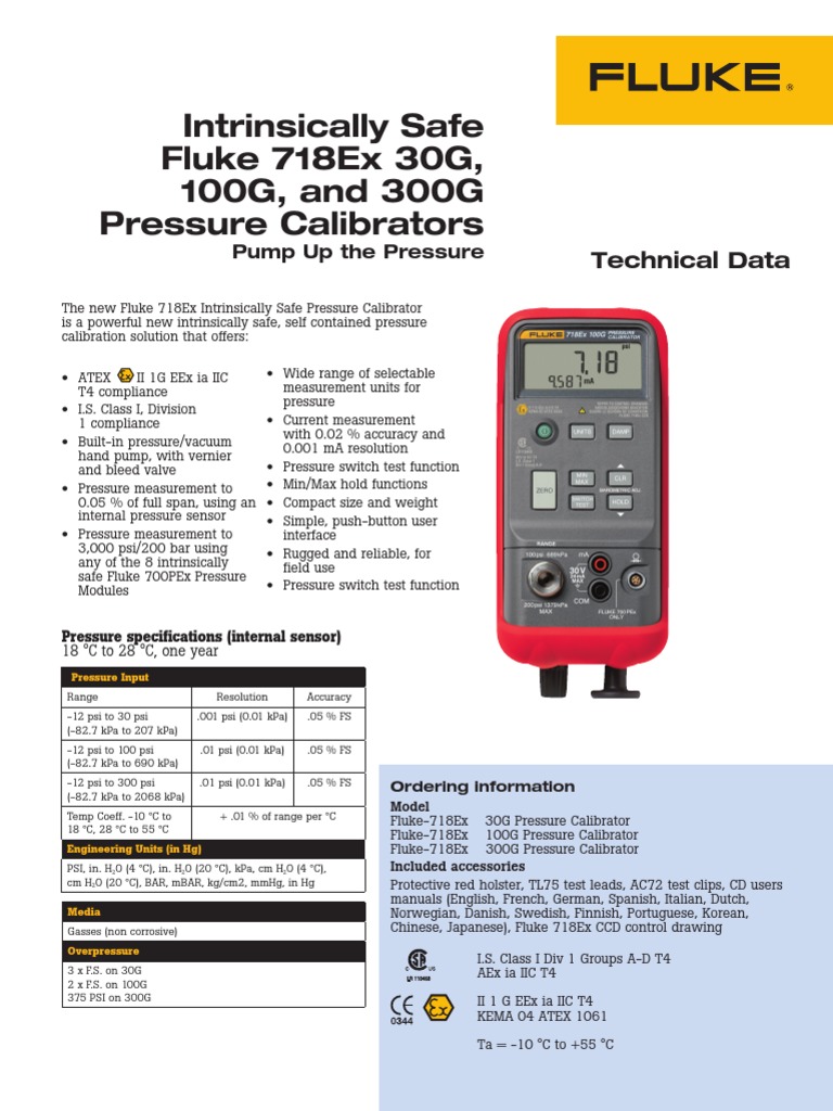 Intrinsically Safe Fluke 718ex 30G, 100G, and 300G Pressure Calibrators ...