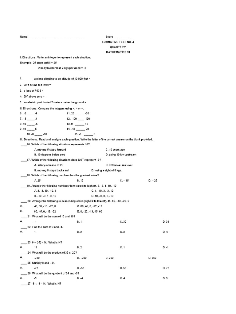 Math 6 Q2 Summative Test No.4 | PDF | Mathematics