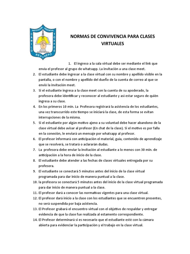 Normas de Convivencia para Clases Virtuales | PDF | Chat en linea