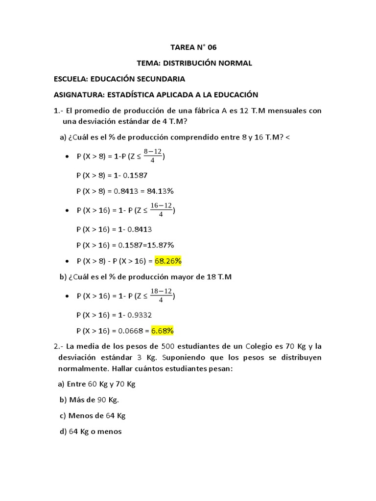Tarea N 06 Tema Distribución Normal | PDF | Desviación Estándar | Prueba (evaluación)
