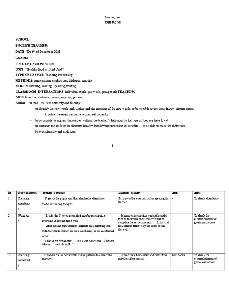 Lesson Plan The Food: TH TH | PDF | Foods | Teachers