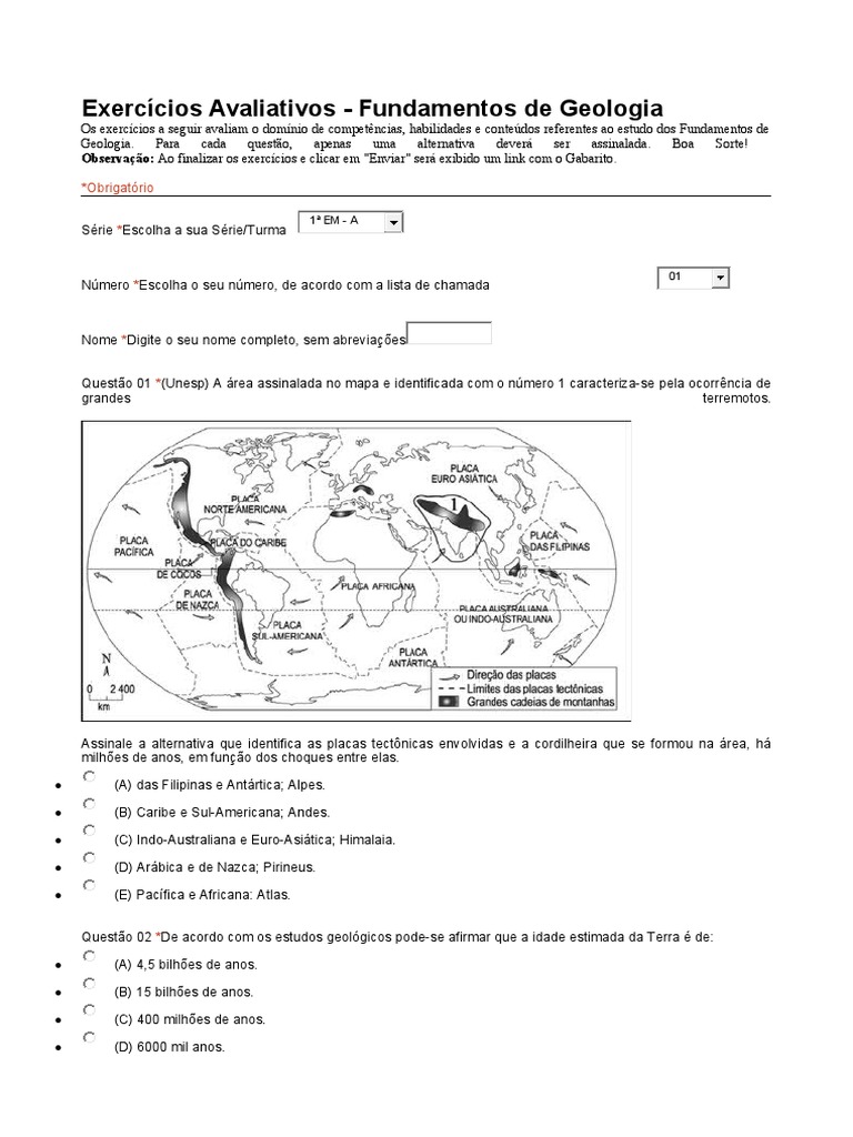Exercícios Avaliativos Geologia | PDF | Placas Tectônicas | Terra