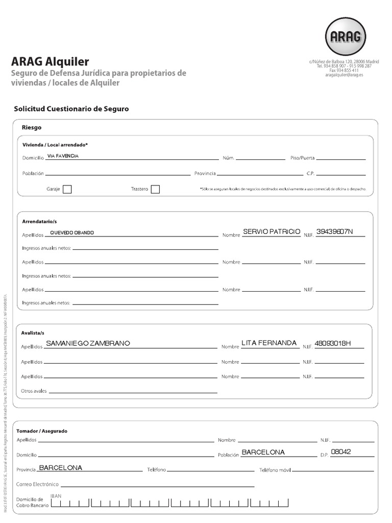 Solicitud ARAG Alquiler-CTO ALQ2 | PDF | Póliza de seguros | Seguro
