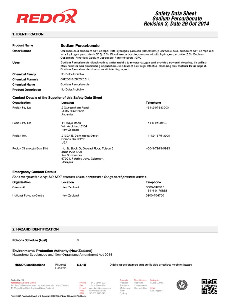 SDS Sodium Percarbonate | PDF | Fires | Hydrogen Peroxide SDS Sodium Percarbonate | PDF | Fires | Hydrogen Peroxide