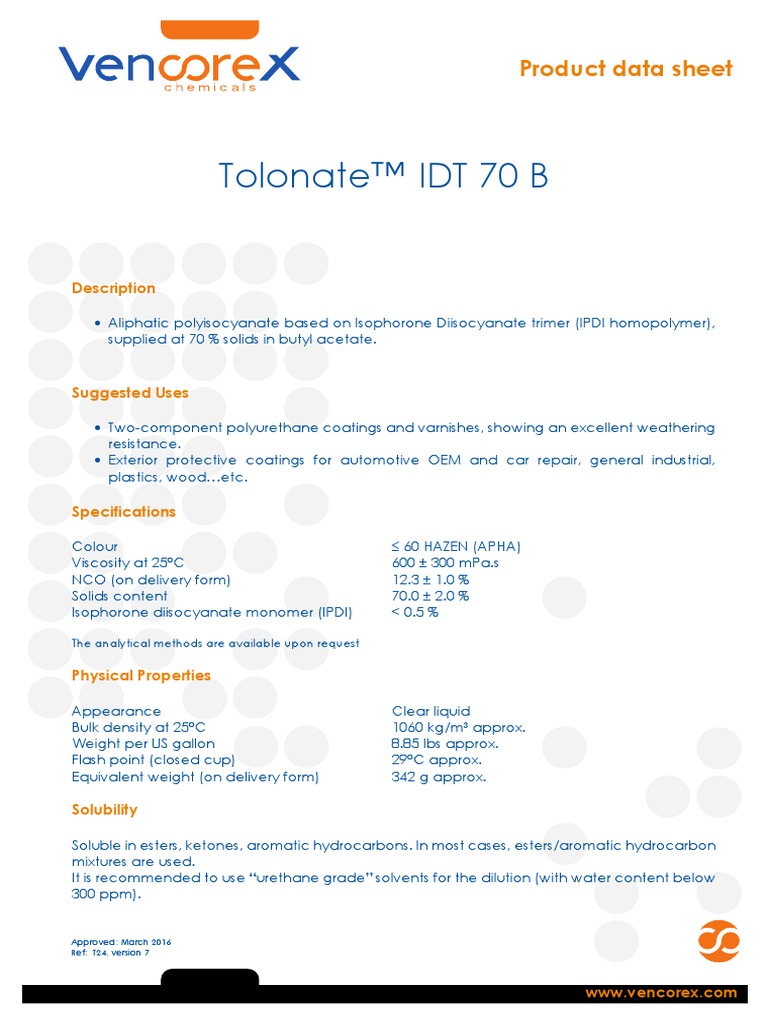 Tolonate™ IDT 70 B: Product Data Sheet | PDF | Polyurethane | Chemistry