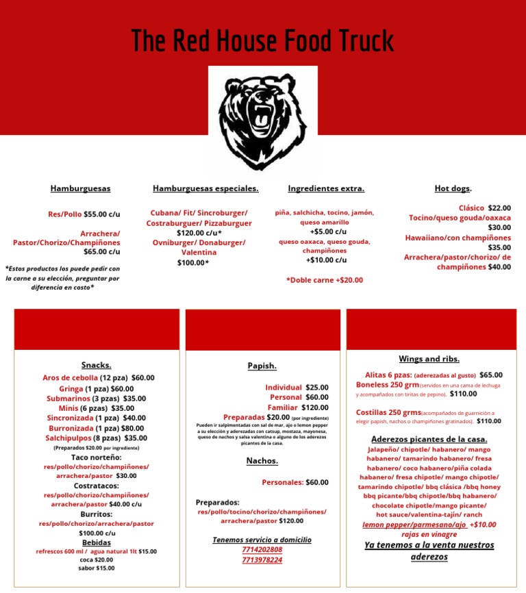 Menú Completo de The Red House Food Truck | PDF | Hamburguesas | Alimentos