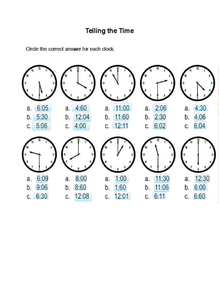 Telling Time - Circle Correct Answers for Clocks | PDF