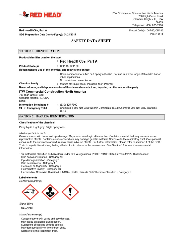 Safety Data Sheet: Red Head® C6+, Part A | PDF | Firefighting | Dermatitis