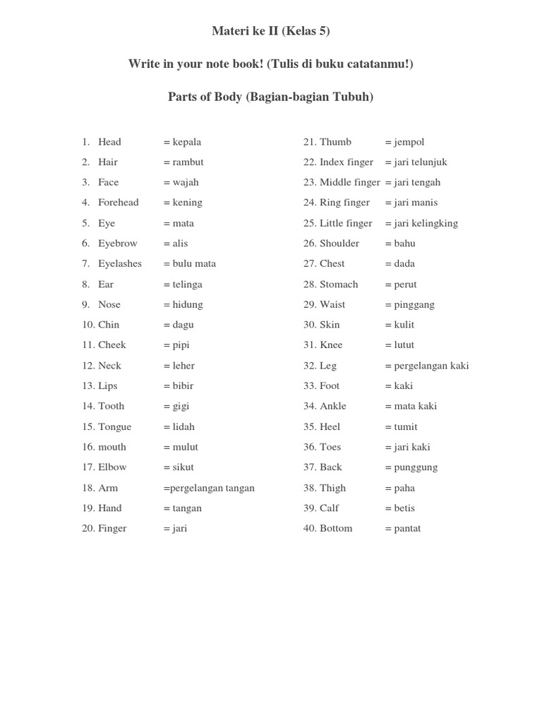 Materi Kelas 5 (Part of Body) | PDF