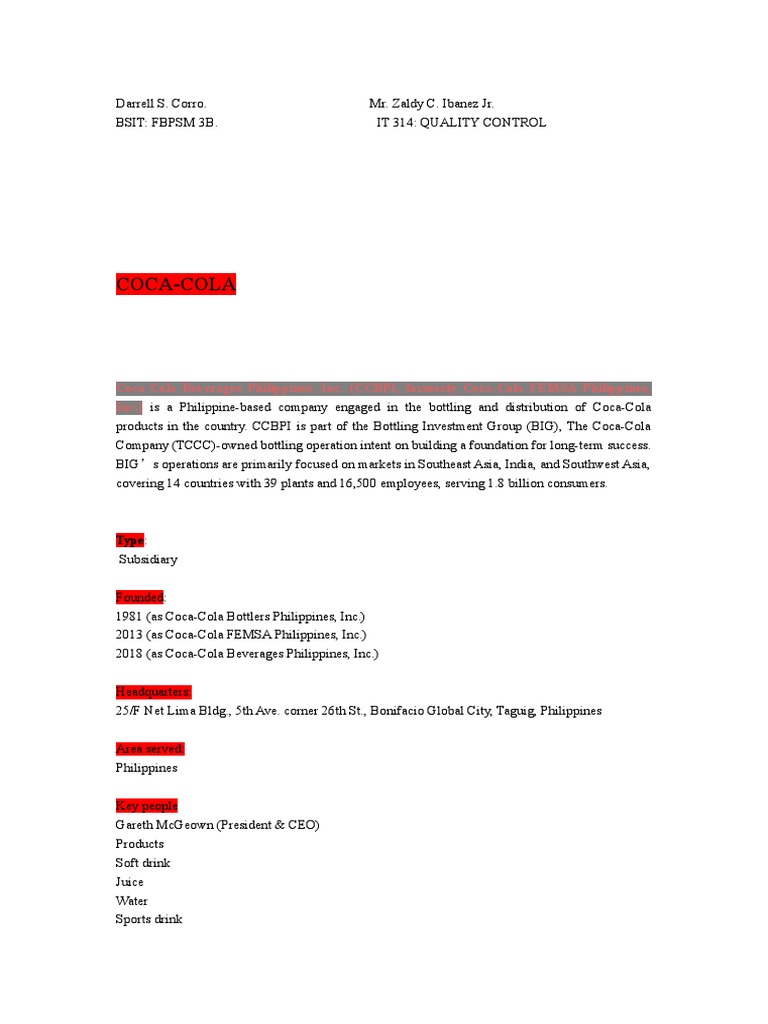 Quality Control Coca-Cola | PDF