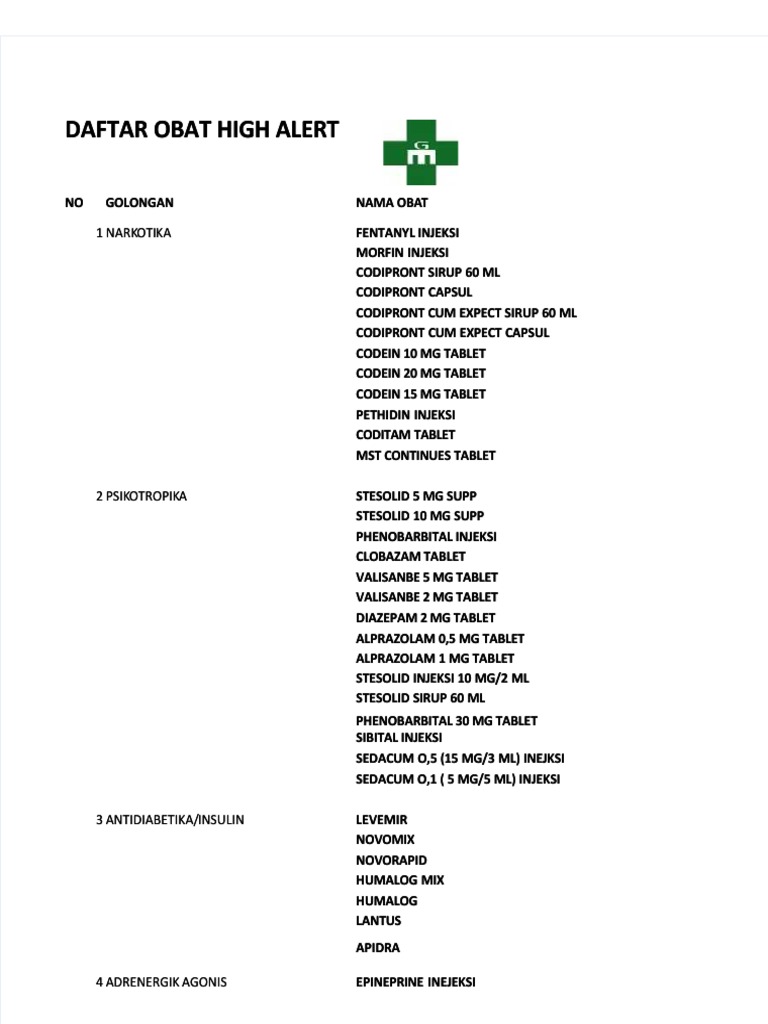 PDF Daftar Obat High Alert Dan Lasa DL | PDF | Medical Treatments ...