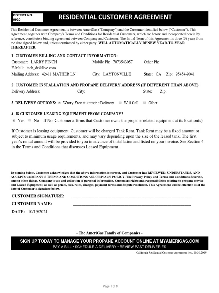 Residential Customer Agreement: 1. Customer Billing and Contact ...