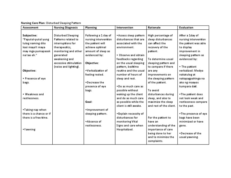 Nursing Care Plan: Disturbed Sleeping Pattern Assessment Nursing ...