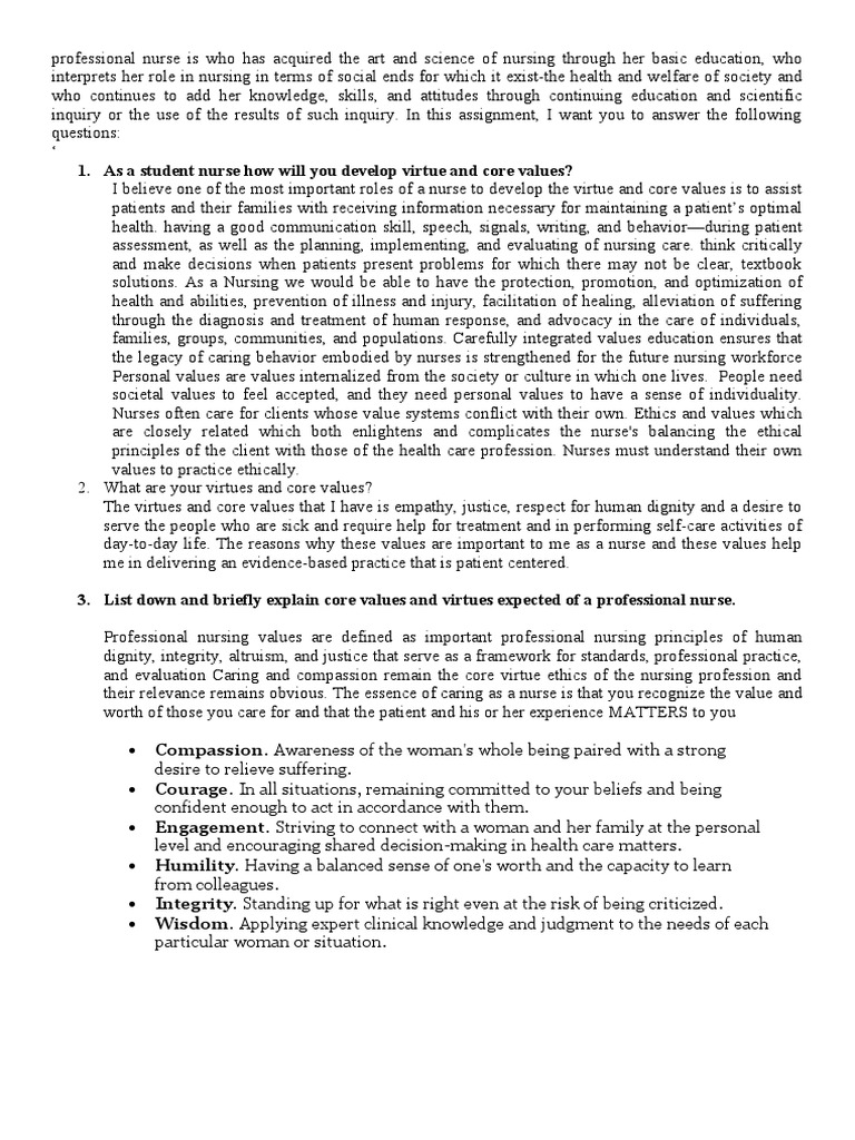 Core Values and Virtuesof Professional | PDF | Nursing | Value (Ethics)