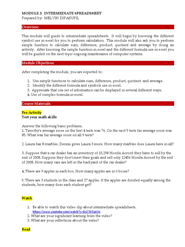 Module 3 - Intermediate Spreadsheet | PDF | Microsoft Excel ...