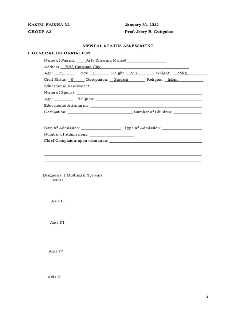 MENTAL STATUS ASSESSMENT Form | PDF | Subjective Experience | Neuroscience