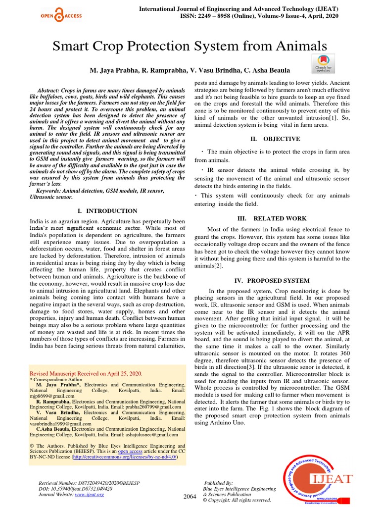 Smart Crop Protection System From Animals: M. Jaya Prabha, R. Ramprabha ...