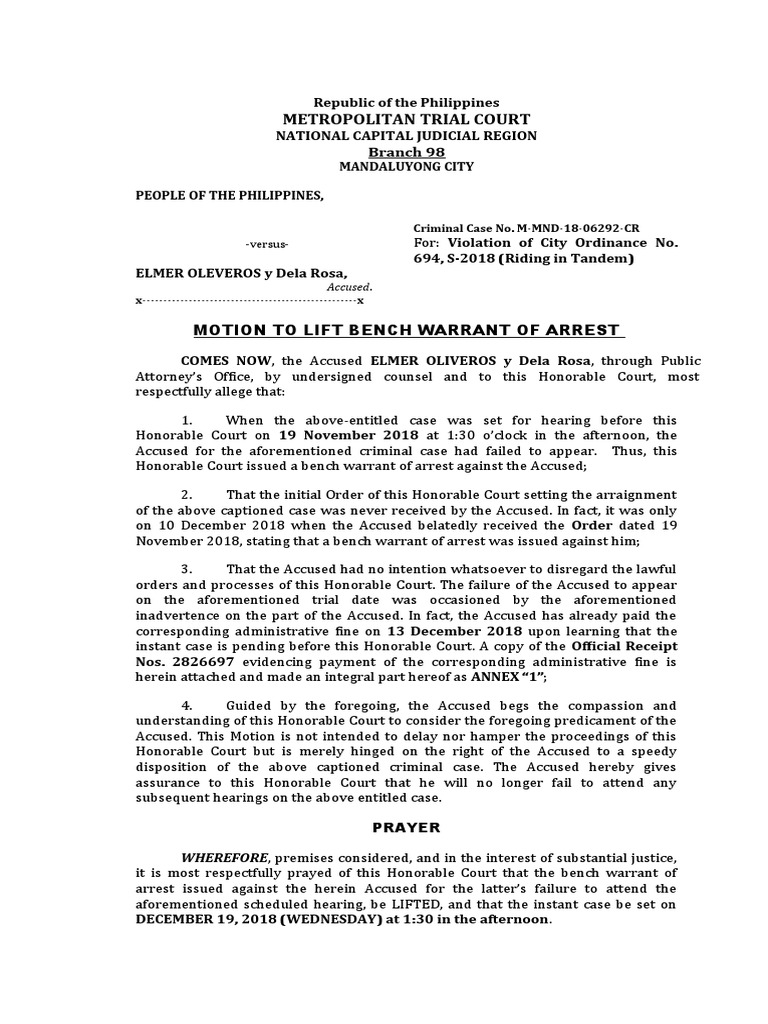 Motion to Lift Bench Warrant - MeTC 98 | PDF | Justice | Judiciaries