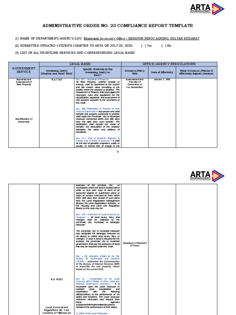Administrative Order No. 23 Compliance Report Template | PDF | Property ...