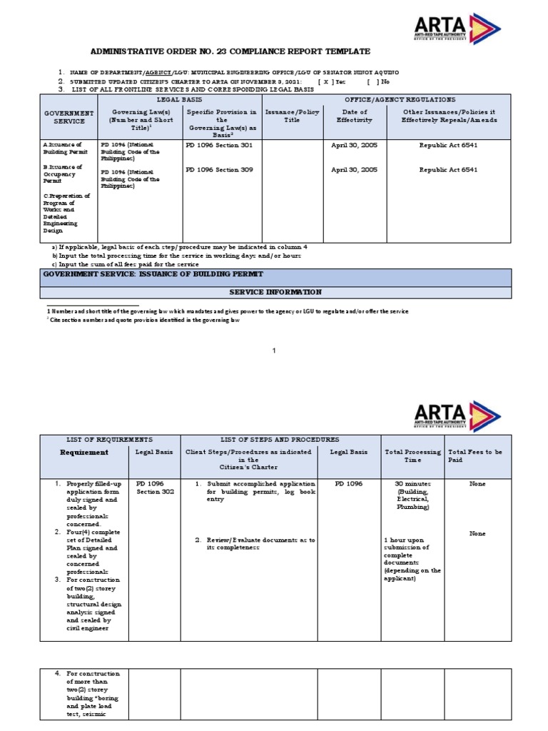 Administrative Order No. 23 Compliance Report Template | PDF | Building ...