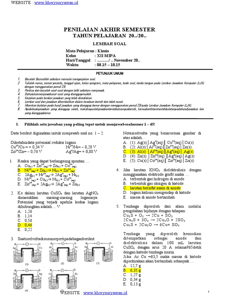 Soal & JAWABAN PAS Kimia Kelas XII - WEBSITE WWW - Kherysuryawan.id | PDF