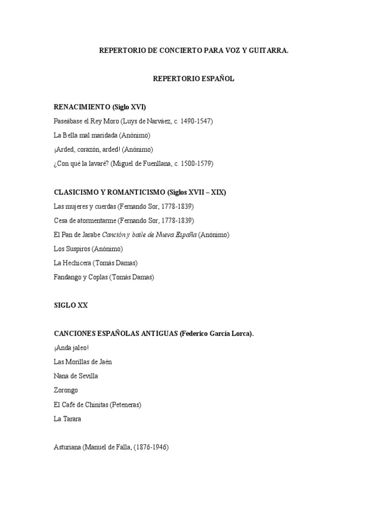 Repertorio de Concierto para Voz y Guitarra | PDF