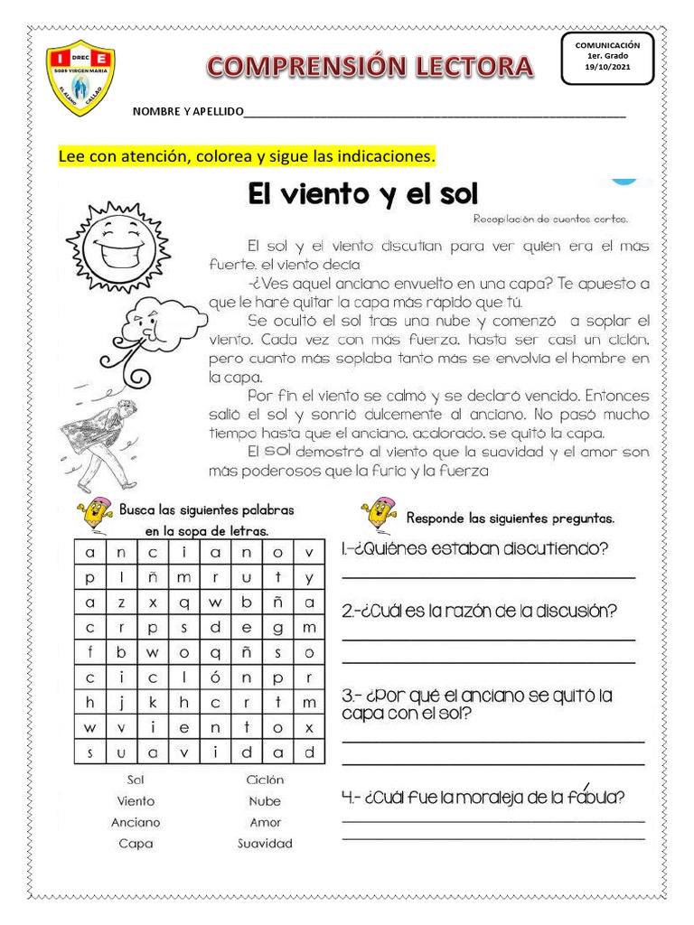 El Viento y El Sol Comprensión Lectora | PDF
