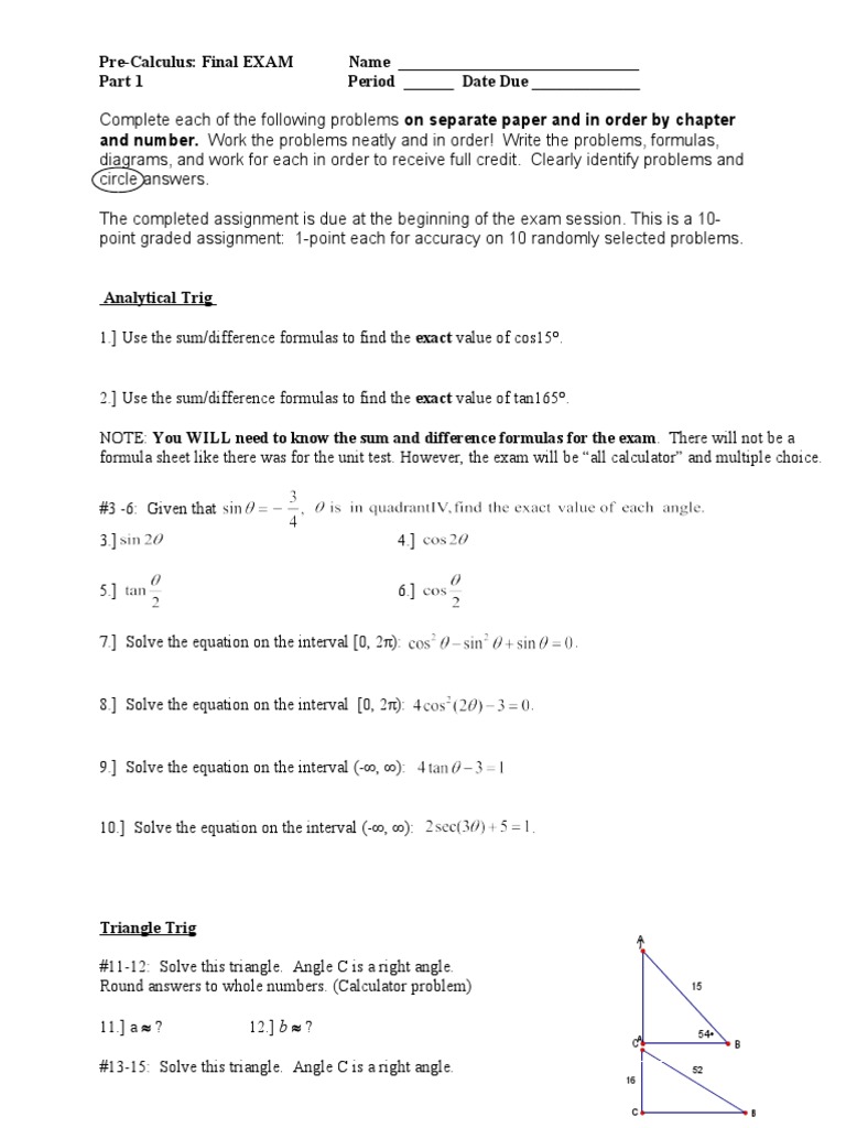 Pre-Calculus: Final EXAM Name - Period - Date Due - and Number. Work ...